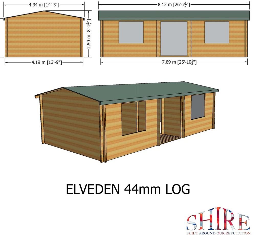 Shire Elveden Log Cabin 14 x 26 - 44mm to 70mm Logs - elbec garden ...