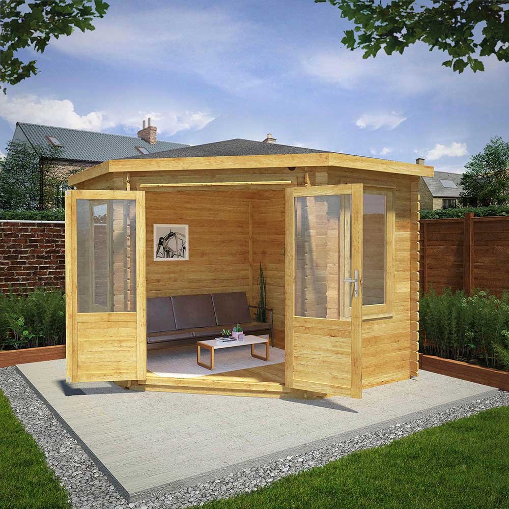 10 x 10 Mercia Corner Log Cabin 28mm Logs - double glazed as standard ...