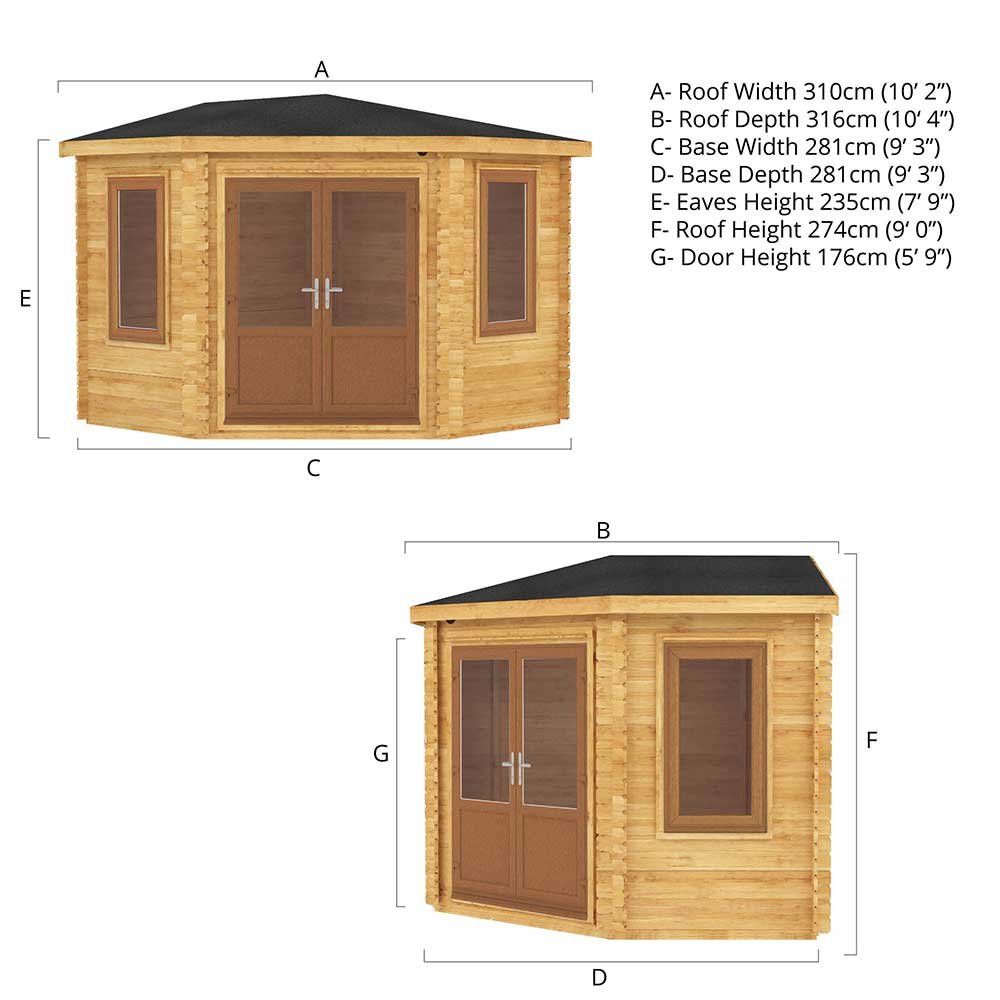 10 x 10 Mercia Corner Log Cabin 28mm Logs - double glazed as standard ...