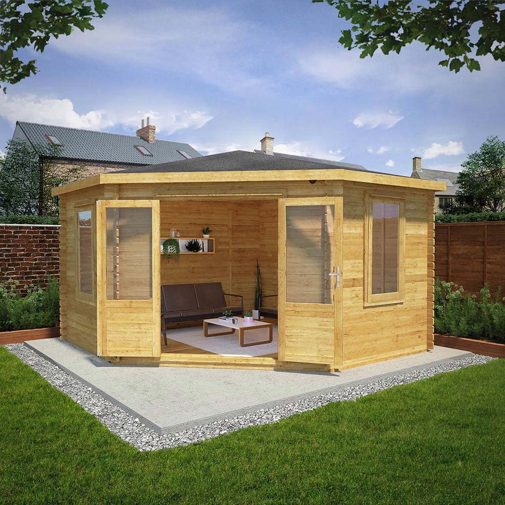 13 x 13 Mercia Corner Log Cabin 28mm Logs - elbec garden buildings