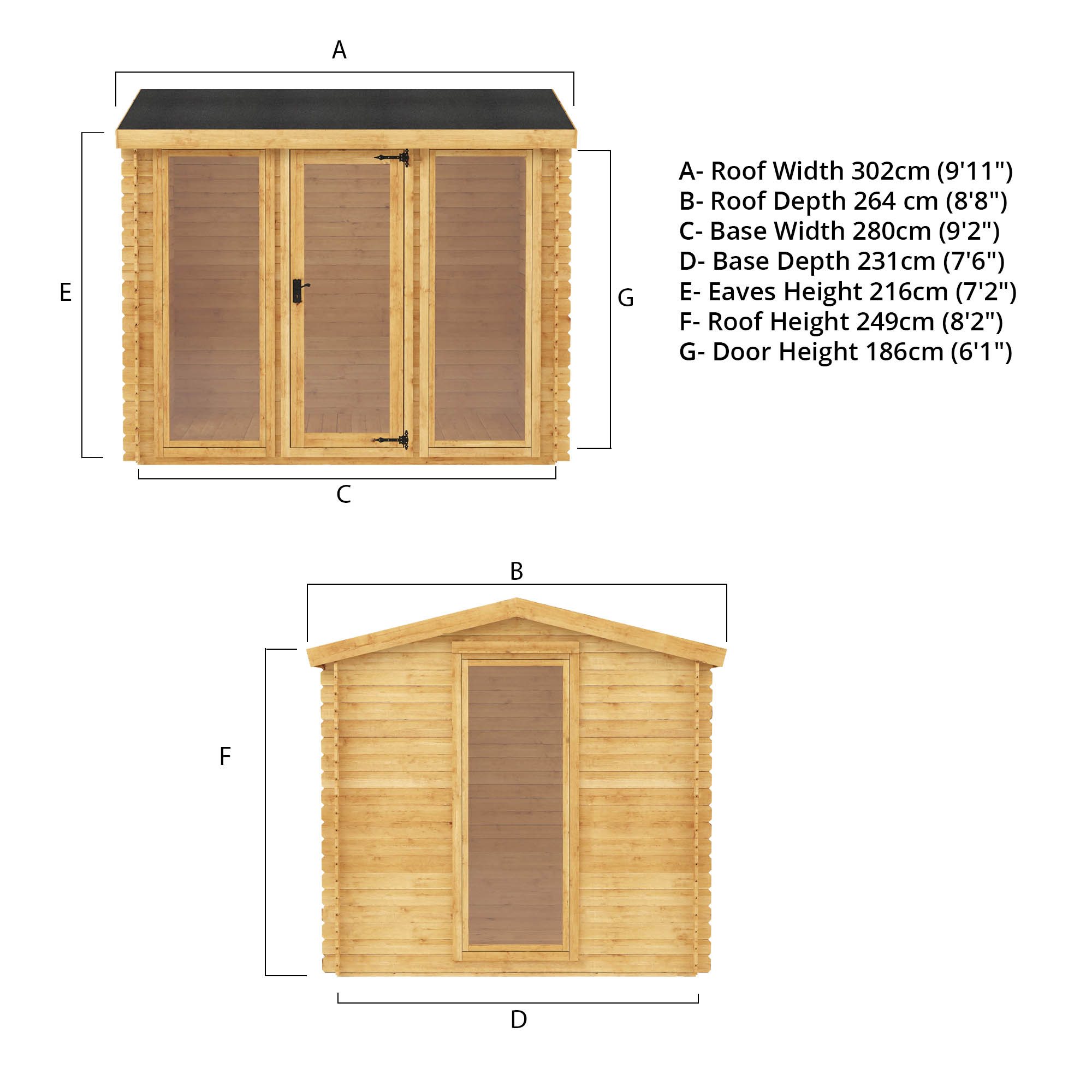 10 x 8 Mercia Reverse Apex Log Cabin in 19mm Logs - elbec garden buildings