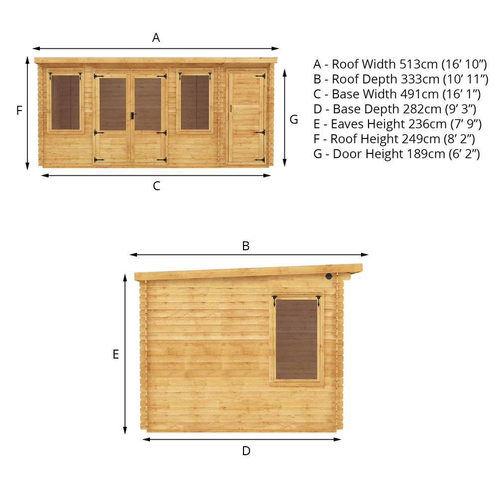 16 x 10 Mercia Pent Log Cabin With Side Shed - elbec garden buildings