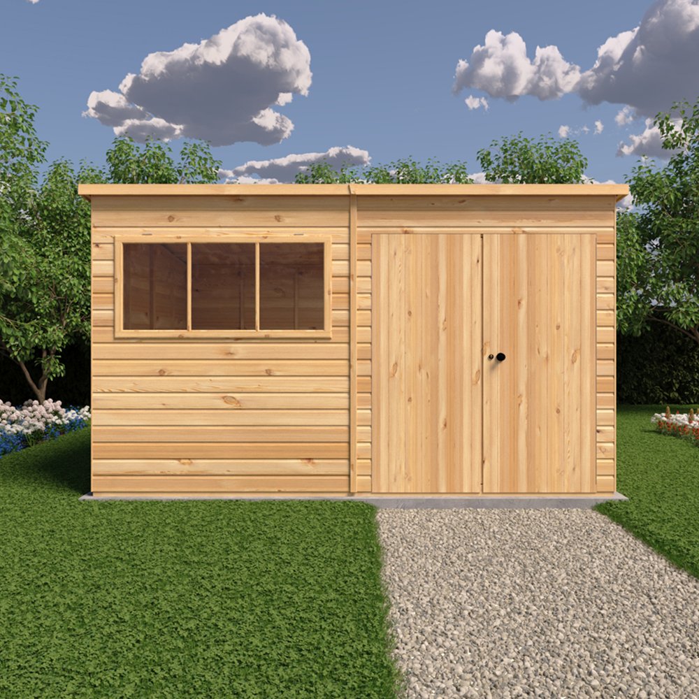 12x10 Shire Ranger Pent Shed With Double Doors - elbec garden buildings