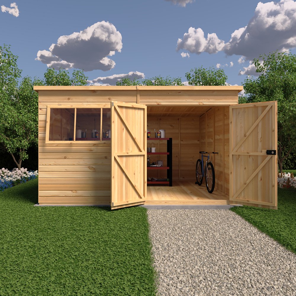12x10 Shire Ranger Pent Shed With Double Doors - elbec garden buildings