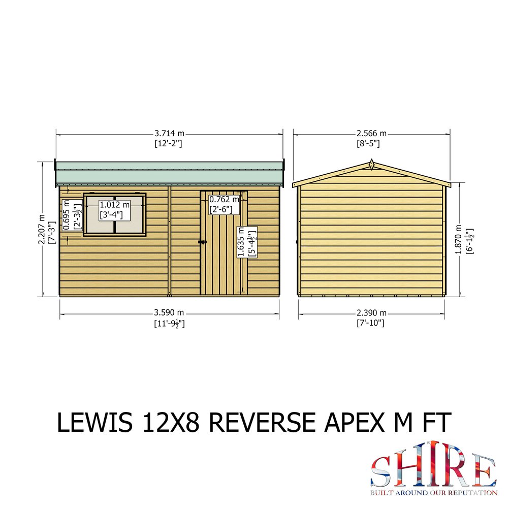 12x8 Lewis Reverse Apex Shed LHS Door - elbec garden buildings
