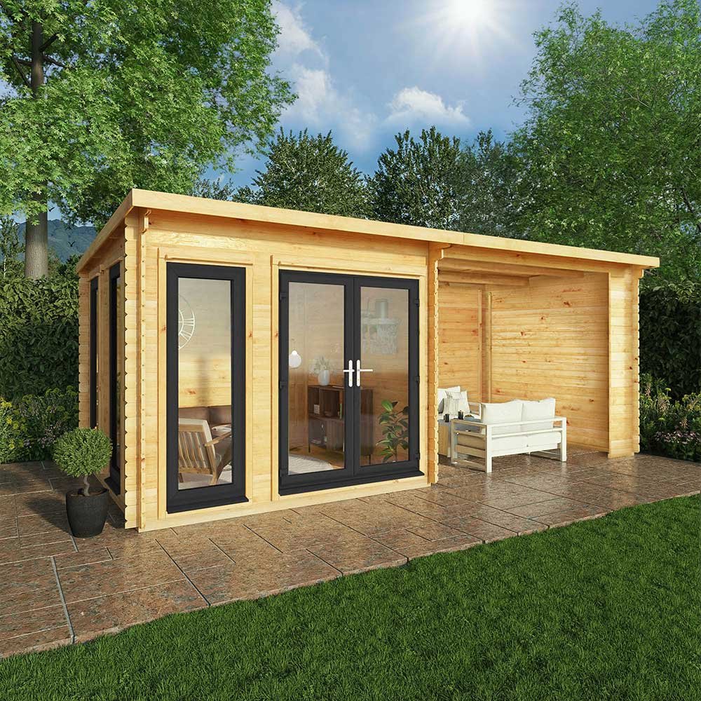 Mercia 6mx3m Studio Pent Log Cabin With Patio Area 34mm - elbec garden ...