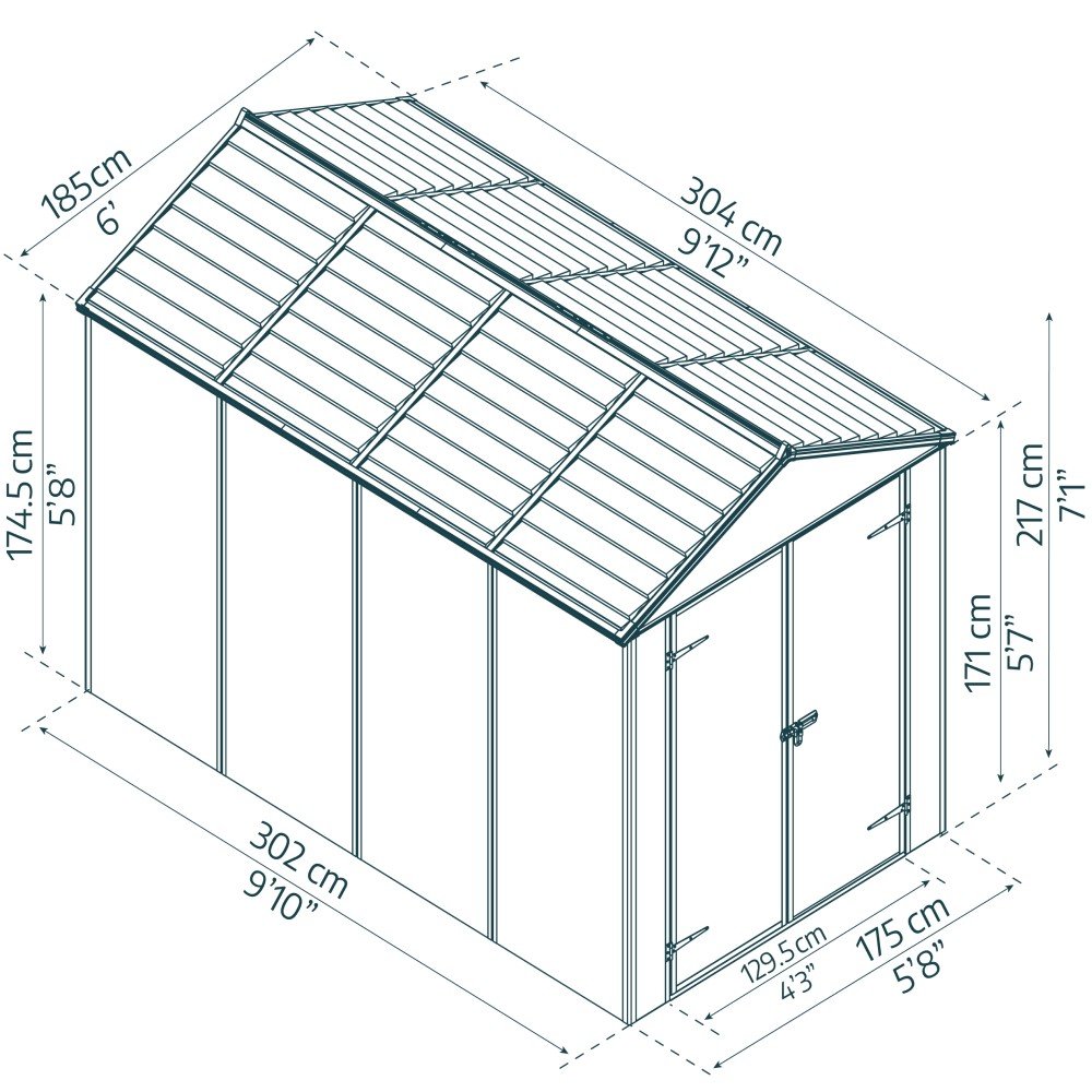 Palram Rubicon 6x10 Plastic Shed in Dark Grey - elbec garden buildings