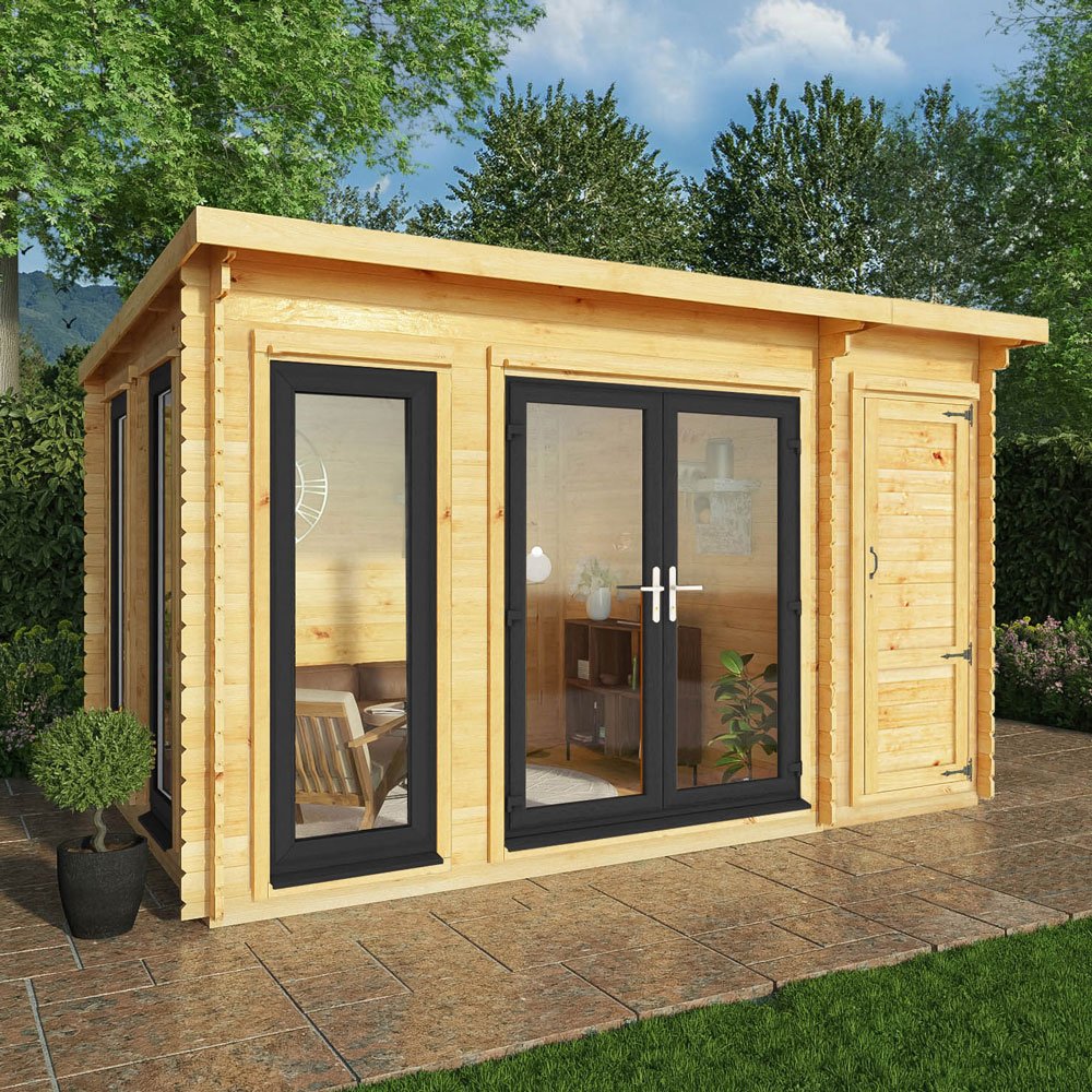 Mercia 4.1mx3m Studio Pent Log Cabin With Side Shed 28mm-elbec garden ...