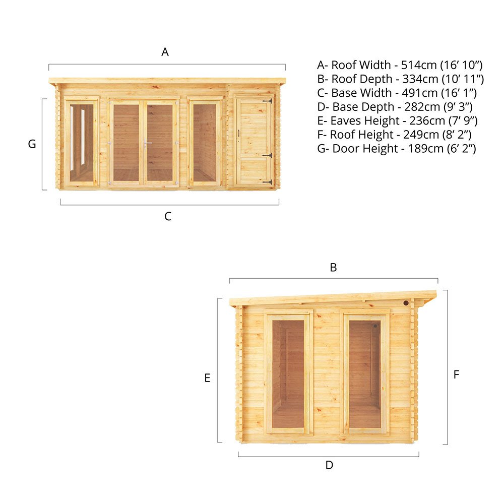 Mercia 5.1mx3m Studio Pent Log Cabin With Side Shed 28mm-elbec garden ...