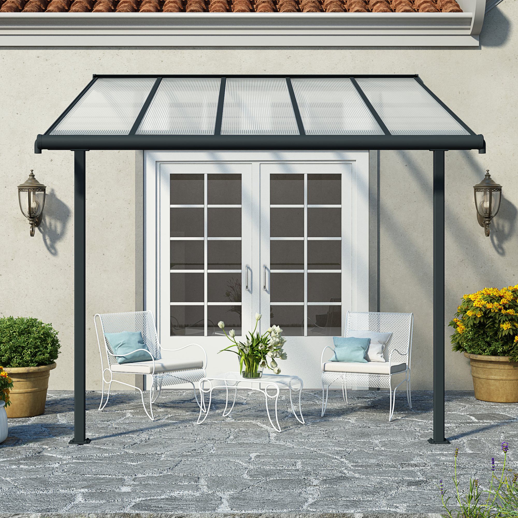 10x10 Sierra Grey Clear Patio Cover - elbec garden buildings