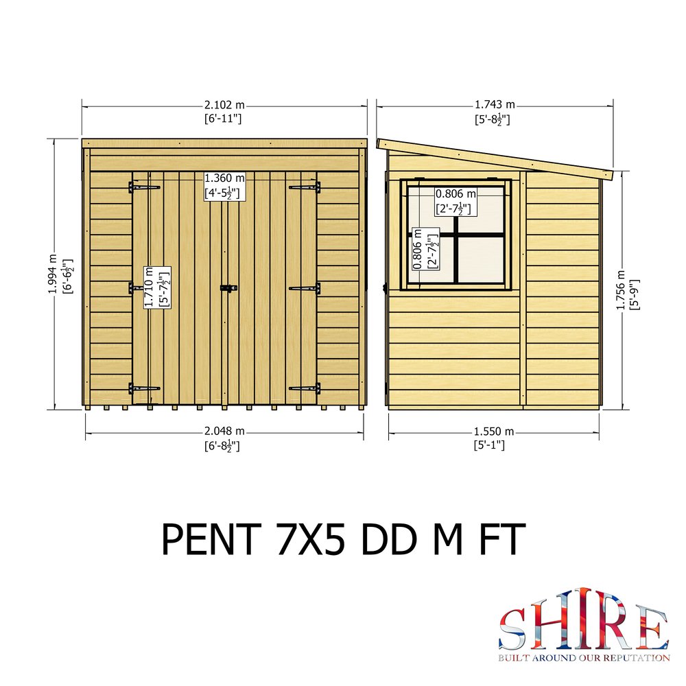7 x 5 Shire Shiplap Pent Shed with Double Doors - elbec garden buildings