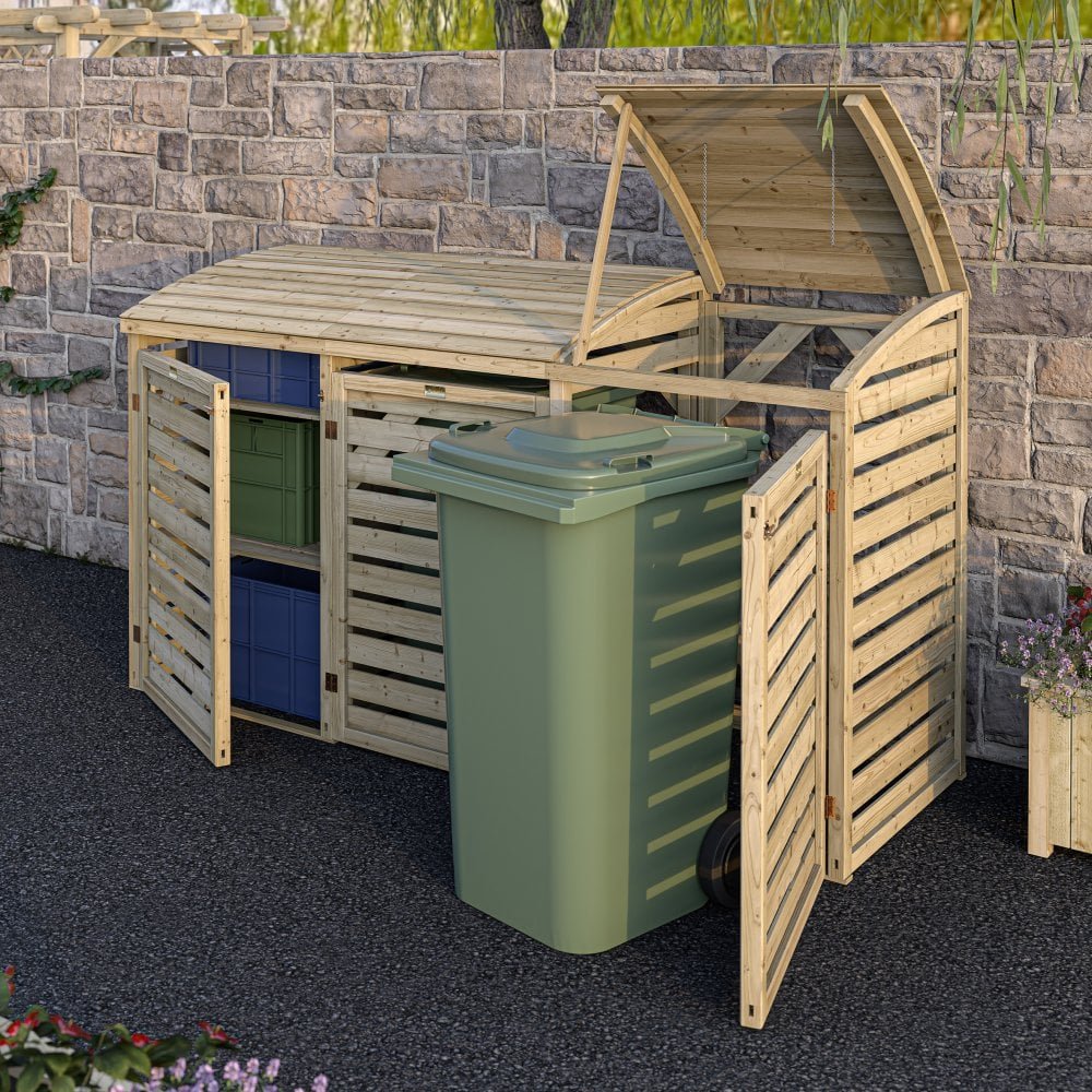 Double Wheelie Bin Store with Single Recycling Box Store Combo - elbec ...