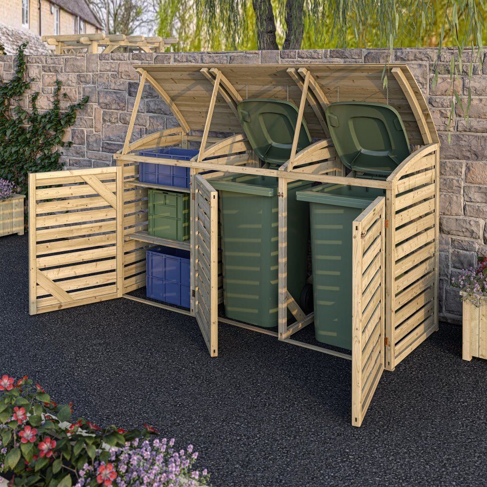 Double Wheelie Bin Store with Single Recycling Box Store Combo - elbec ...