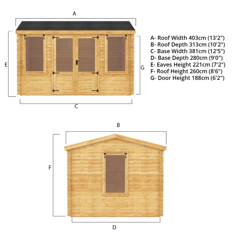 13 x 10 Mercia Reverse Apex Log Cabin in 19mm Logs - elbec garden buildings