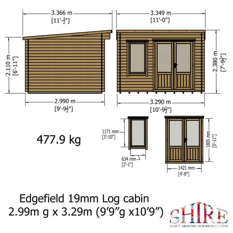 10Gx11G Shire Edgefield Pent Log Cabin (19mm Logs) - elbec garden buildings